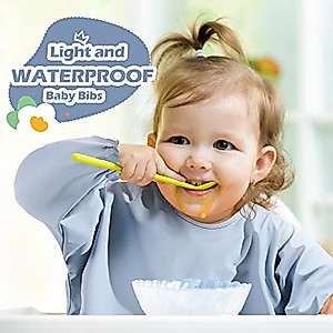 4 Pack Long Sleeve Baby Bibs Waterproof Long Sleeved Bib Baby Eating Smock Bib Feeding Baby Bib with Sleeves Baby Shirt Bib with Food Catcher Soft Art Smock Bibs for Babies Toddlers 6-36 Months