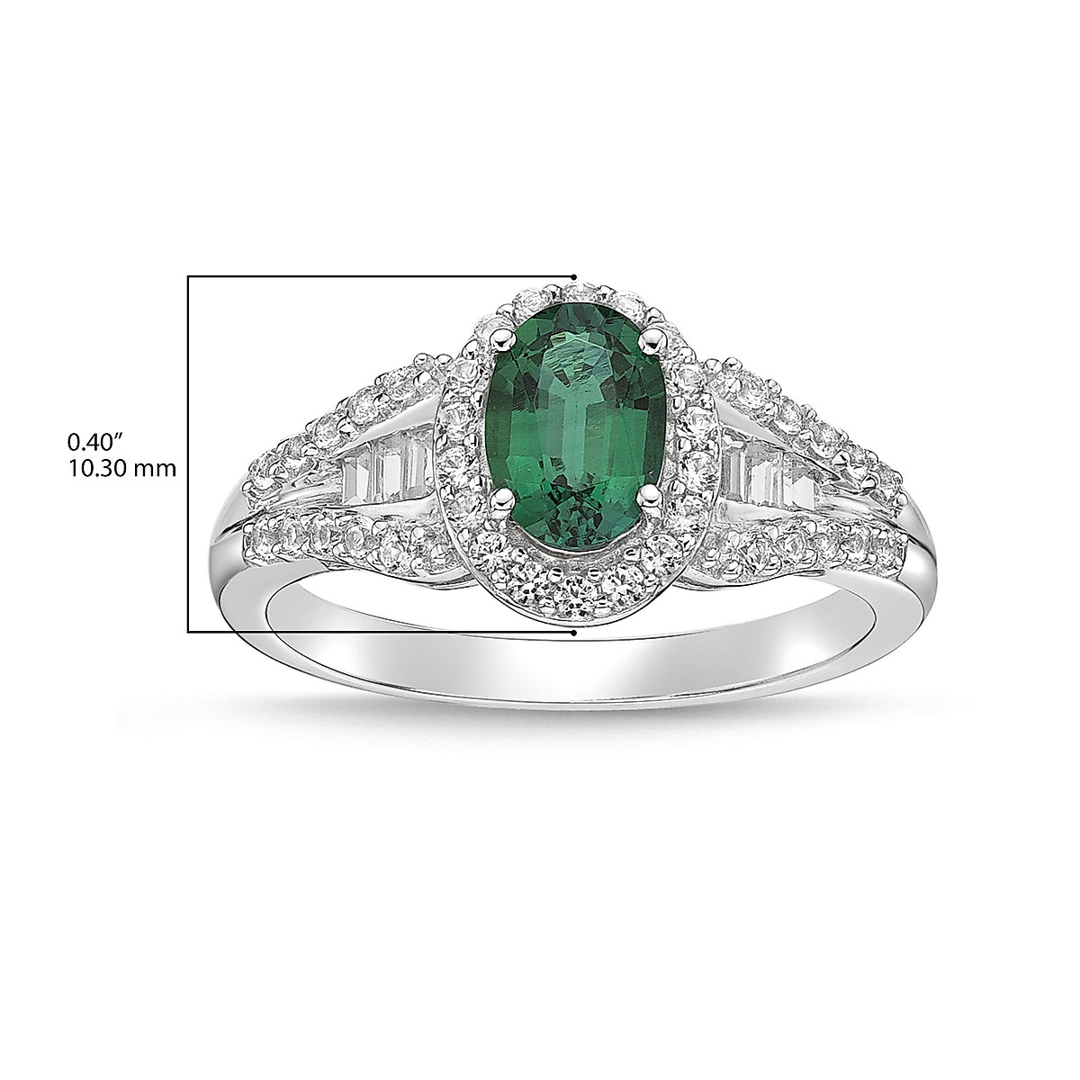 .925 Sterling Silver, Oval Cut Lab-Grown Emerald & Round + Baguette Cut Lab-Grown White Sapphire Halo Flared Band Engagement Ring - Size 7
