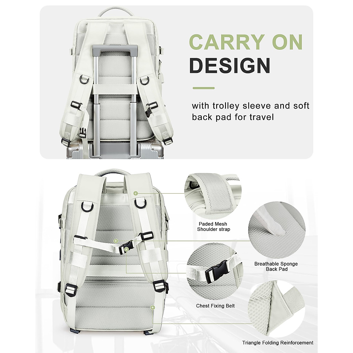 Large Travel Laptop Backpack, Expandable Flight Approved Backpack, Carry on Backpack for Women, Waterproof 17inch Laptop Hiking Backpack with Shoe Compartment, Moon White