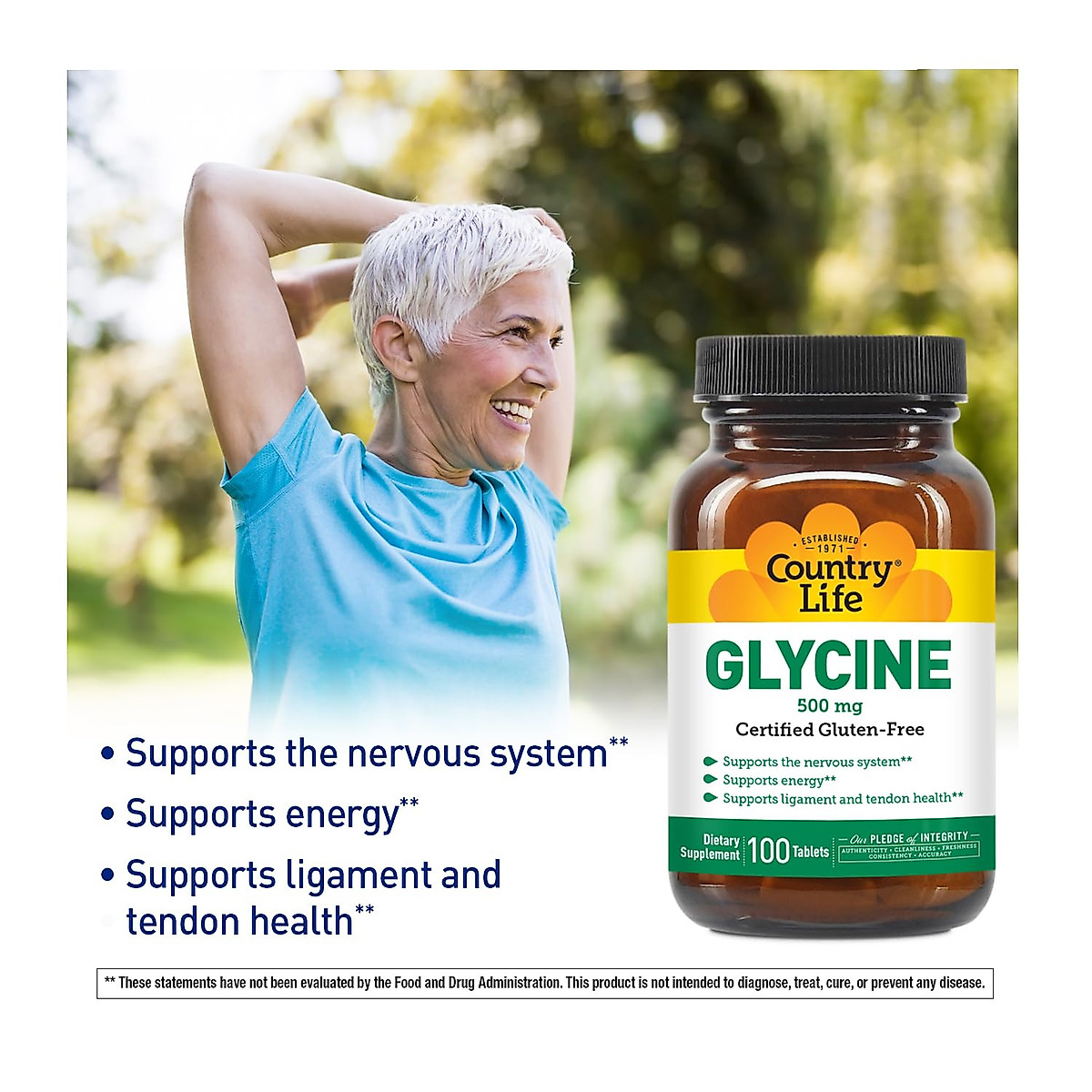 Country Life Glycine 500 mg with B-6, 100 Tablets, Certified Gluten Free, Certified Vegan