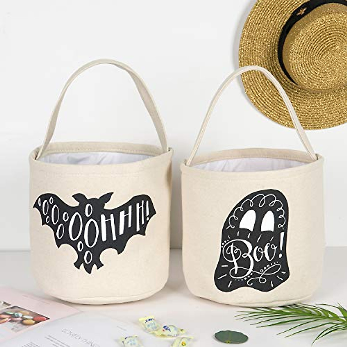 3 Pcs Halloween Trick or Treat Bucket - Candy Basket Tote Bag for Kids（Magic Hat, Ghost, Bat）