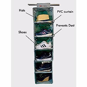 Hat-Headz Hanging Closet Organizer 6 Shelves PVC Curtain Protection 12”x 12” 48" Closet Organizers and Storage Hanging Shoes Hats Bags and More -Grey
