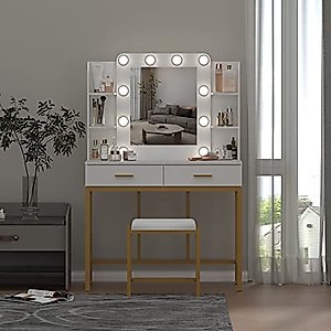 Vabches Makeup Vanity with Lighted Mirror,Vanity Mirror with Lights and Table Set,Vanity Set with 10 LED,Vanity Desk with 3 Lighting Modes and 2 Drawers&Cushioned Stool for Bedroom.