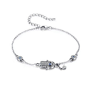 SLUYNZ 925 Sterling Silver Fatima Hamsa Hand Evil Eye Bracelet for Women Blue Round Eyes Bracelet