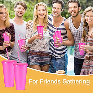 Amyhill 12 Pcs Reusable Cups with Lids and Straws 24 oz Plastic Tumbler Iced Coffee Cup Travel Mug for Smoothie Juices Birthdays Sleepover Party Supplies for Girls(Hot Pink, Shiny Color, 12 Pcs)