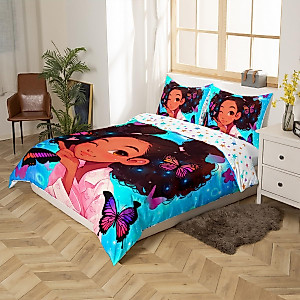 Cute Black Girls Bedding Set Full Size Pretty Girls Duvet Cover, American Black Girls Comforter Cover for Girls Kids Kawaii Princess Bedroom Decor, Afro Girls Bedspread Cover Dreamy Butterfly Bedding