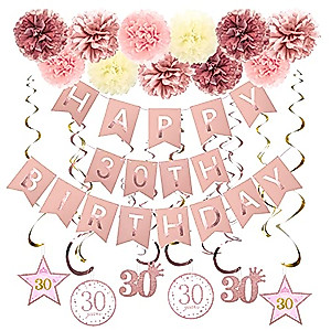 GuoZhiXin Rose Gold 30th Birthday Party Decorations , Rose gold Glittery Happy 30th Birthday Banner,Poms,Sparkling Hanging Swirls Kit for 30th Birthday Party Supplies