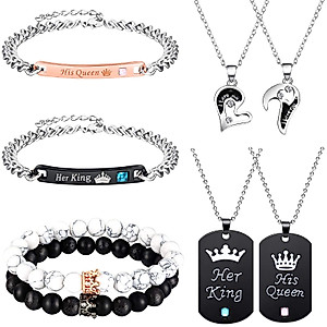 Hicarer 8 Pcs Couples Necklace Bracelet Matching Ong Distance Touch Necklace Her King His Queen I Love You Necklaces Jewelry Set for Bf Gf Women Men Wedding Bridal Gift