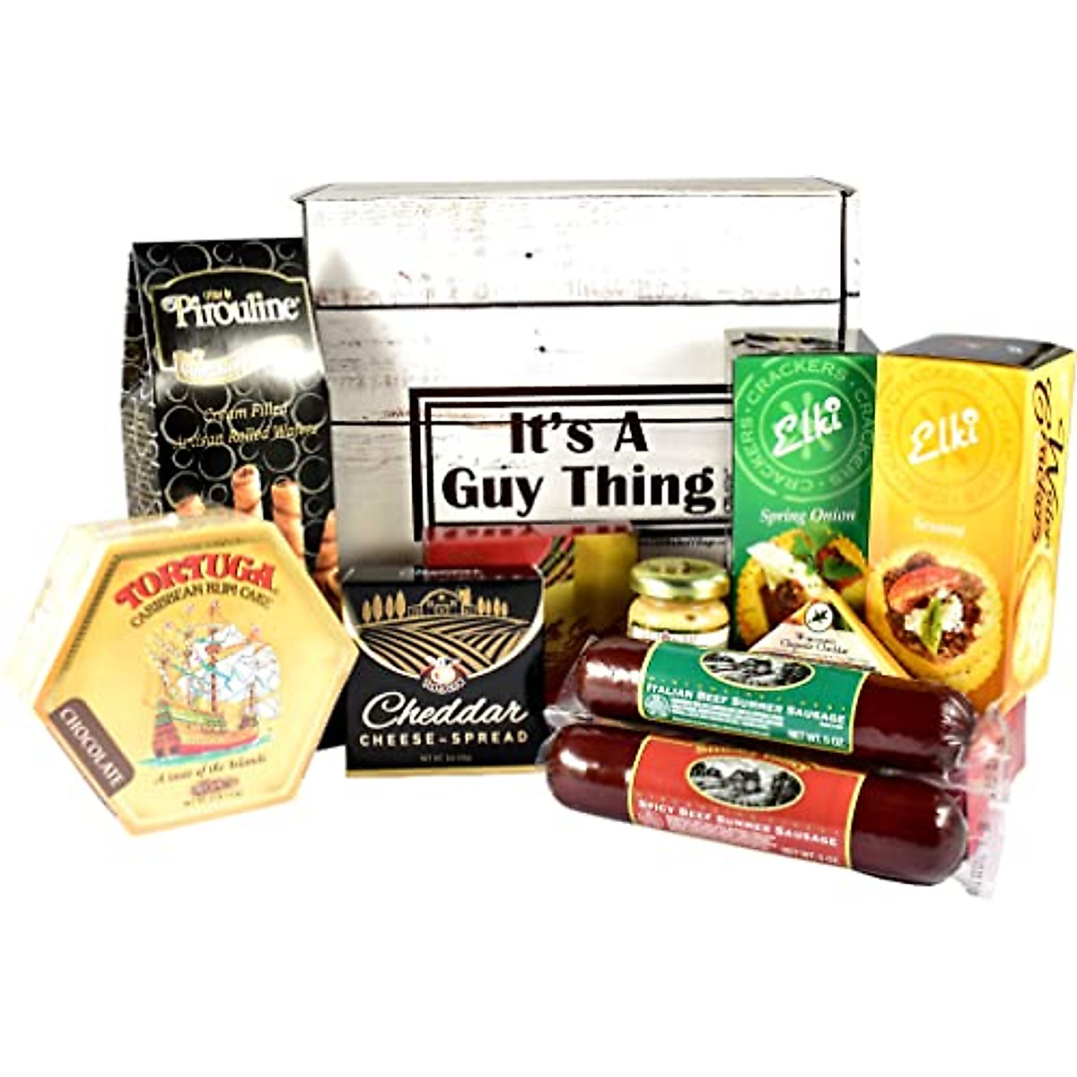 Gift Basket Village It's A Guy Thing, Gift Basket For Guys with Cheese, Sausage, Crackers and Sweets, 8 Piece Set, Original, 1 Count