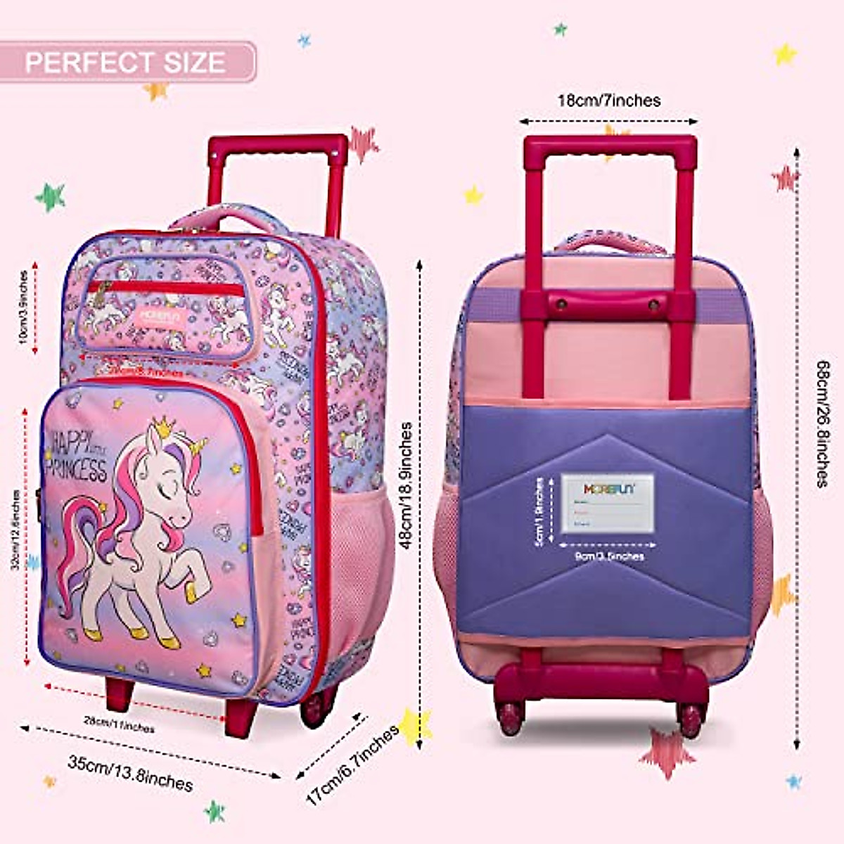 MOREFUN 18 Inch Kids Travel Bag Rolling Luggage,Toddler Child Suitcase for Boys, Kids Carry-on Luggage with Wheels for Girls,Unicorn Suitcase