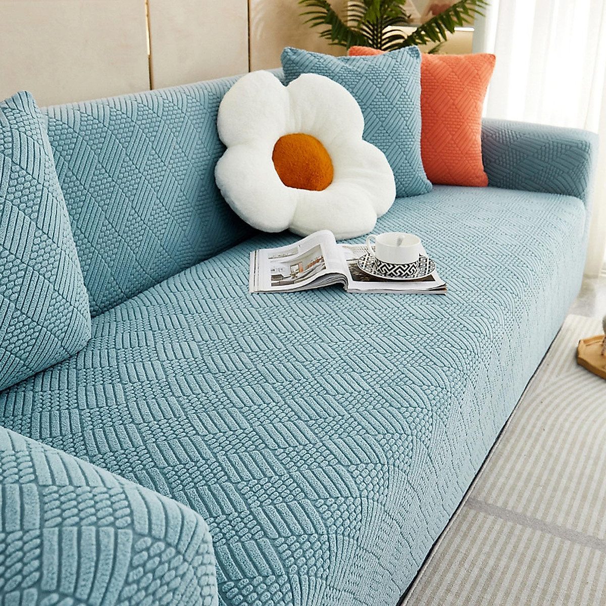 GUYIRT High Stretch Sofa Cover, Dustproof Furniture Protector for 1 2 3 4 Seater Sofa, Anti Slip Sofa Slipcovers with Elastic Strap-Blue-4 Seater(235-300cm)