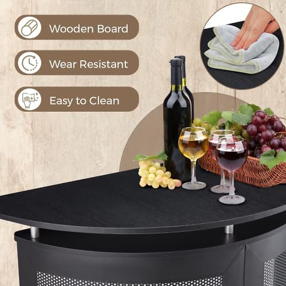 JOMEED Bar Table with Storage, High Top Table with Metal Mesh Front, Goblet Holders and Footrest, Semi Cylindrical Shape Black Liquor Bar for Home