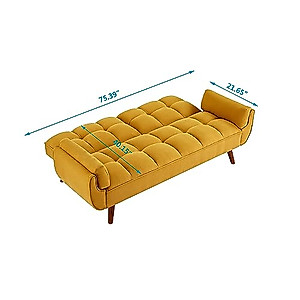 Verfur Futon Sofa Bed Modern Linen Fabric Couch Convertible Folding Recliner Loveseat for Living Room with 2 Arm Pillows and Strudy Wood Legs, Yellow