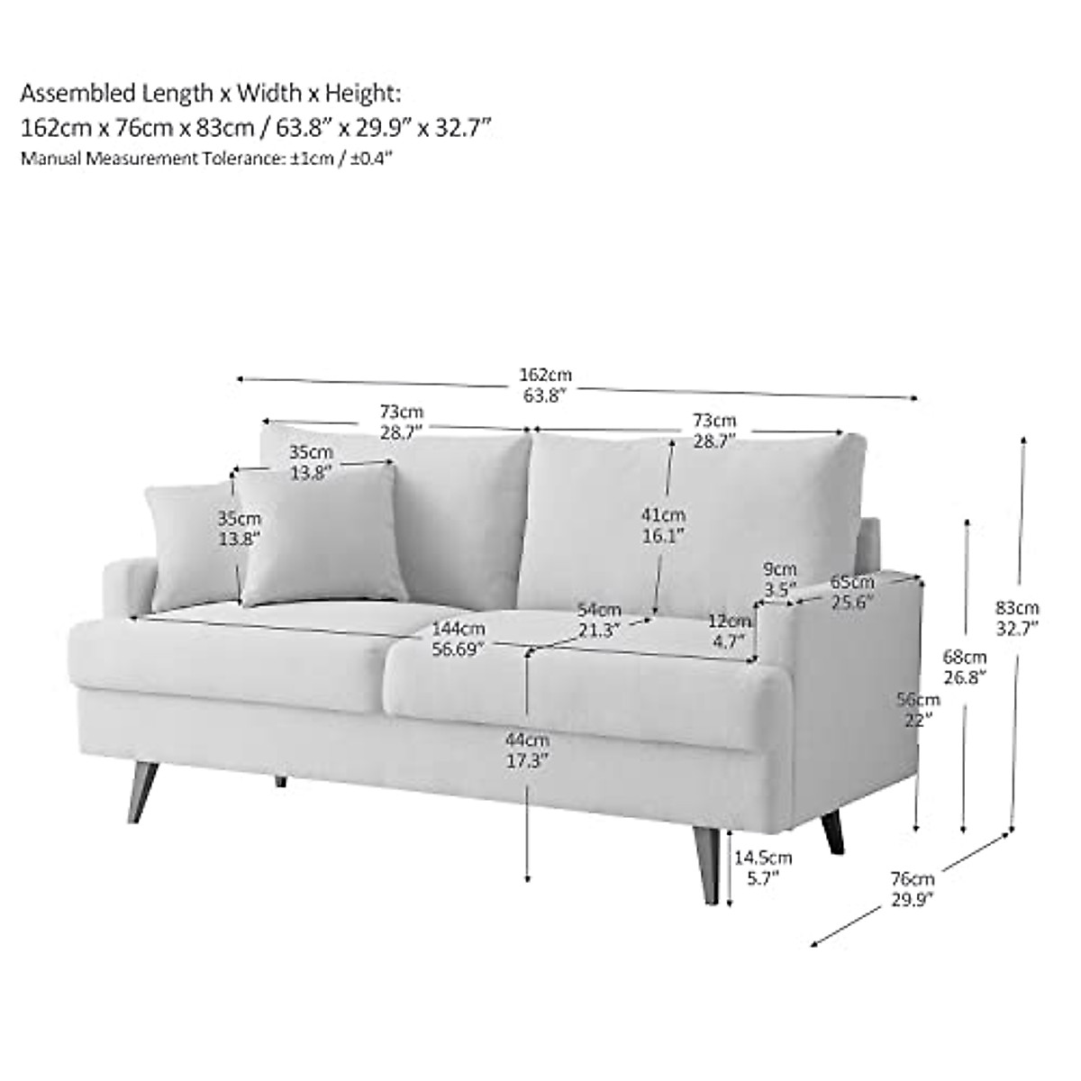 Seegool Modern 2-Seat Loveseat Couch, 64" W Living Room Sofa Linen Fabric and Metal Legs, Love Seat Furniture for Small Spaces, Bedroom, Apartment, Beige