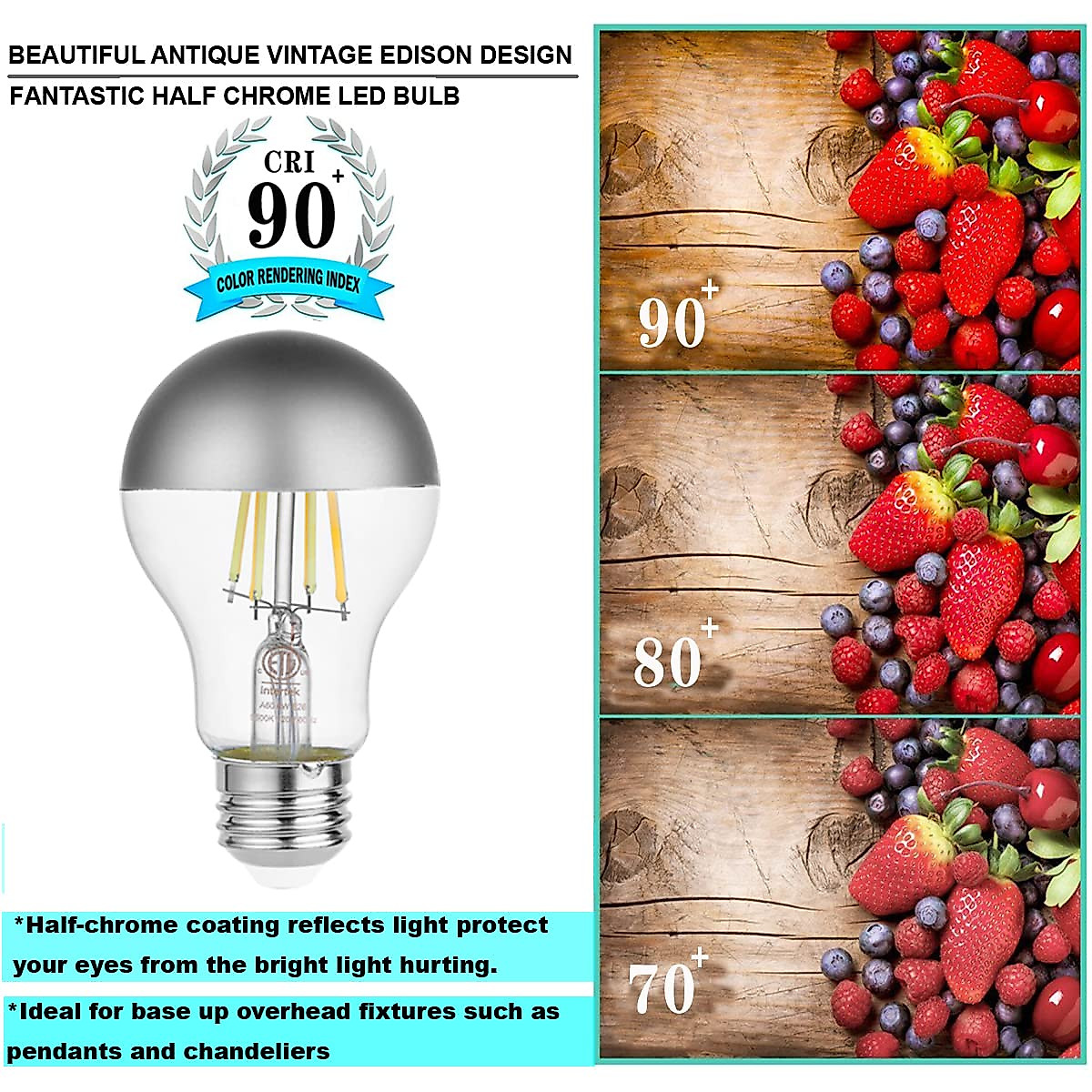 KarlunKoy Half Chrome LED Light Bulbs,Dimmable 6W (Equivalent 60Watt) Edison Bulbs,5500K Daylight White,A19 Dark Grey Dipped Anti-Glare LED Bulbs,Decorative Mirror Bulb,CRI 90+ E26 Base Pack of 5