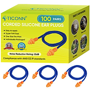 TICONN 100 Pairs Reusable Silicone Ear Plugs for Sleeping Noise Cancelling, 25dB NRR Corded Earplugs for Study Concentration Travel (100 Pairs)
