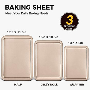 HONGBAKE Cookie Sheets, Baking Sheet Set, Nonstick Oven Pan with Wider Grips, 3 Pack Half/Jelly Roll/Quarter Baking Tray, Premium & Dishwasher Safe