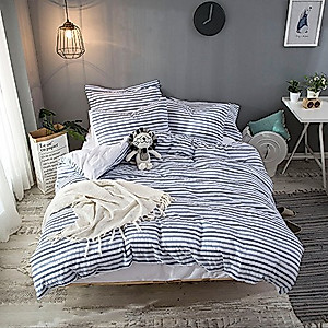 Merryfeel Seersucker Duvet Cover Set King,100% Cotton Woven Seersucker Stripe Bedding Set,3 Pieces (1 Comforter Cover with 2 Pilowwshams)- Blue King