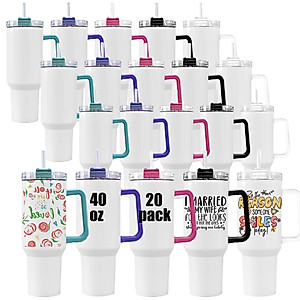 Icesip 20pack 40oz sublimation tumbler with 5 colour Handle Lid and Straw,Stainless Steel Double Wall Vacuum Insulated Travel Mug Cup Tumblers for Diy Craft Heat Press Print