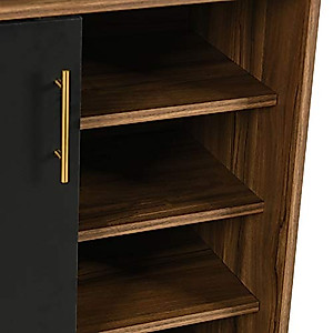 Mecor Shoe Rack Storage Cabinet, 2-Door Shoebox Container Organizer Standing w/ Sliding Door for Hallway Entryway Living Room Bathroom, Walnut/ Black