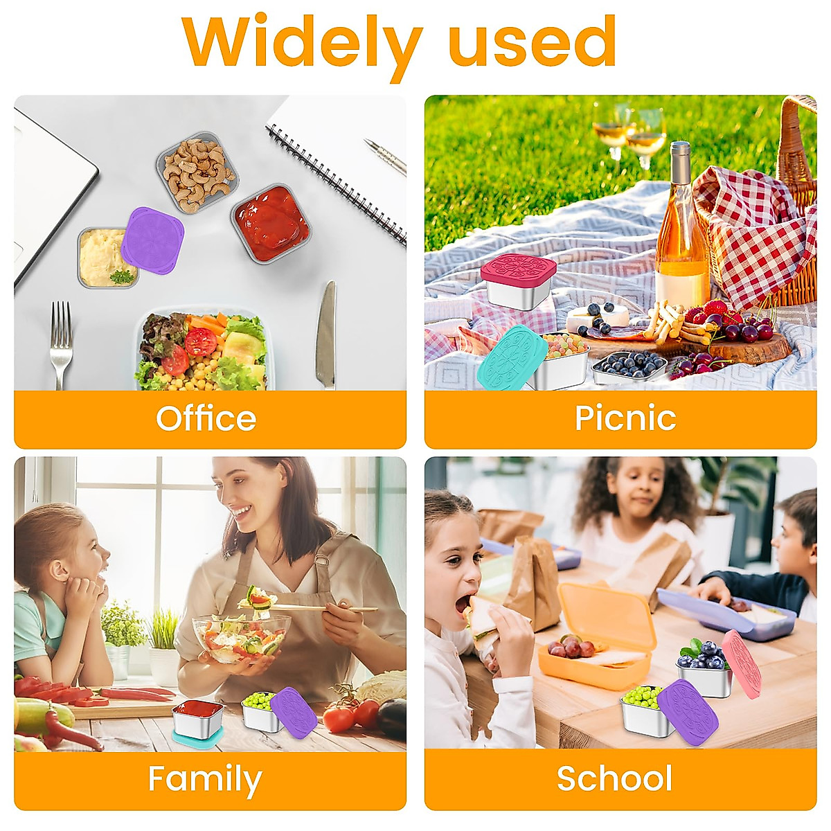 6 Pcs Stainless Steel Sauce Containers,2oz Metal Mini Snack Food Store Box Containers and Silicone Lids, Reusable Small Portable Boxes, Dishwasher Safe for Daycare School Office Travel, Leakproof