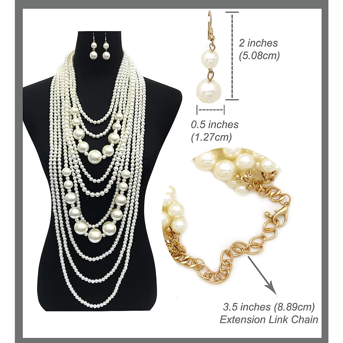 Women's Chunky Multi-Strand Faux Pearl Statement Necklace and Earrings Set (Cream - Style B)