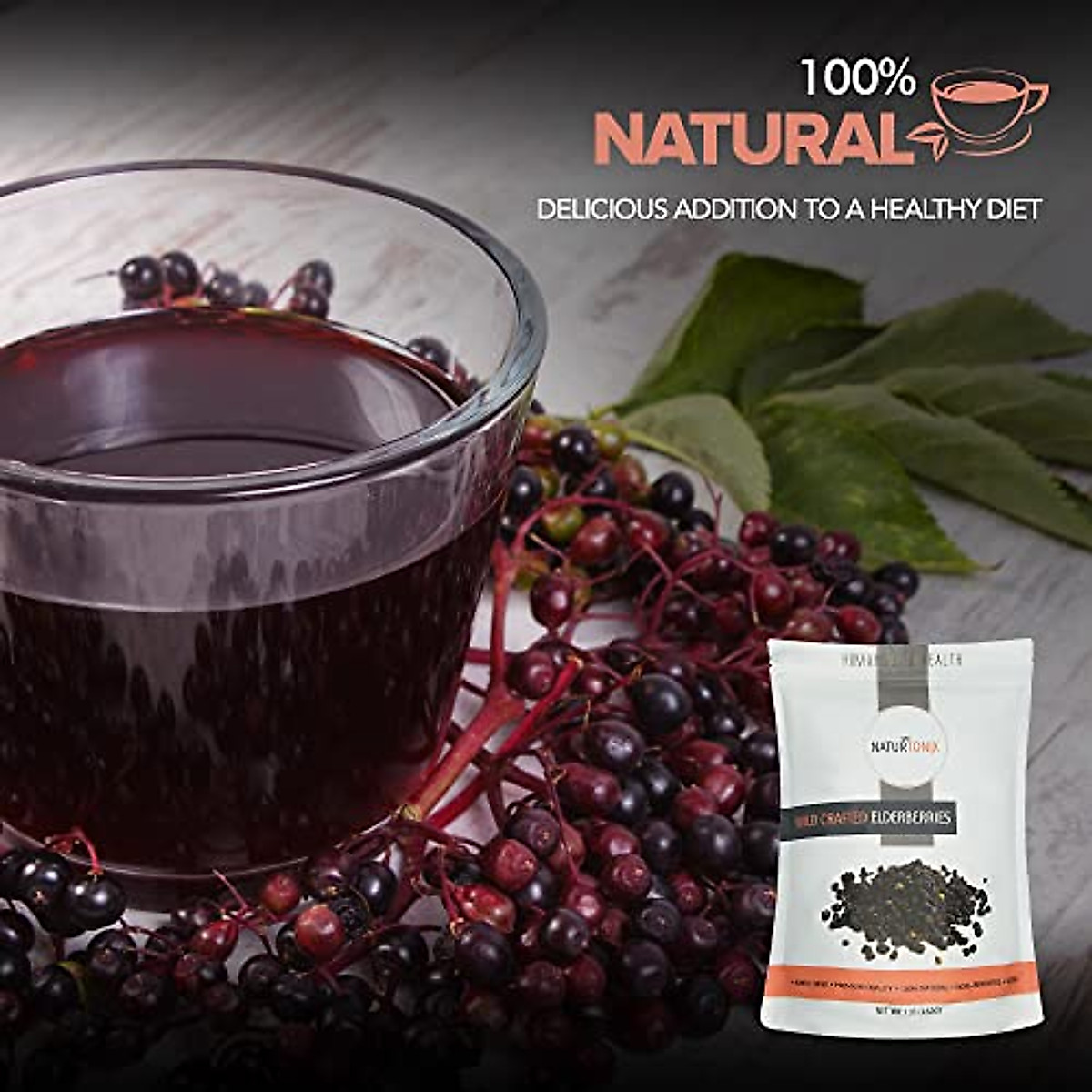 Naturtonix Whole Dried Elderberries, All Natural Immune Booster, Vegan, Gluten Free & Non-GMO, Vitamin C, Sambucus Nigra, For Making Tea, Syrup, Jam & Gummies 8 Ounce Pouch