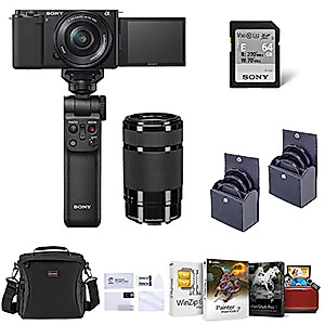 Sony ZV-E10 Mirrorless Camera with 16-50mm Lens & E 55-210mm f/4.5-6.3 OSS E-Mount Lens, Black Bundle with Vlogger Kit, Mac Photo Editing, Bag, Screen Protector, 2X Filter Kit