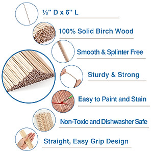 Wooden Dowel Rods Assorted 1/8 Inch x 6", 200 Wood Dowels, Wooden Dowels for Crafts, Precut Dowels for Crafting, Hardwood Dowel Rod, Wooden Rod Sticks Doweling Rods, Cake Dowels for Tiered Cakes
