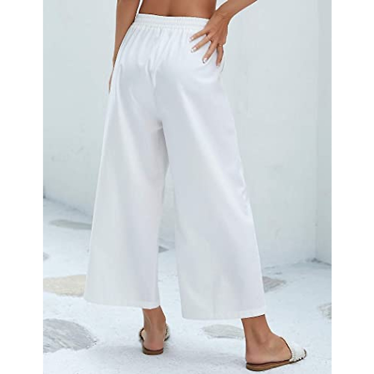 Zeagoo Women's Summer Cotton Linen Palazzo Pants Drawstring Waist Wide Leg Pocket Loose Casual Trousers White M