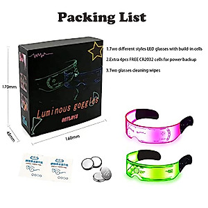 Dolmtop 2 Pairs LED Light Up Glasses,Cyberpunk Glasses,7 Colors and 5 Modes Switching,Luminous Glasses for Kids Adults(Ares Tech Glasses)