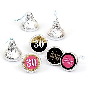 Big Dot of Happiness Chic 30th Birthday - Pink, Black and Gold Round Candy Sticker Favors â€“ Labels Fit Chocolate (1 Sheet 108)