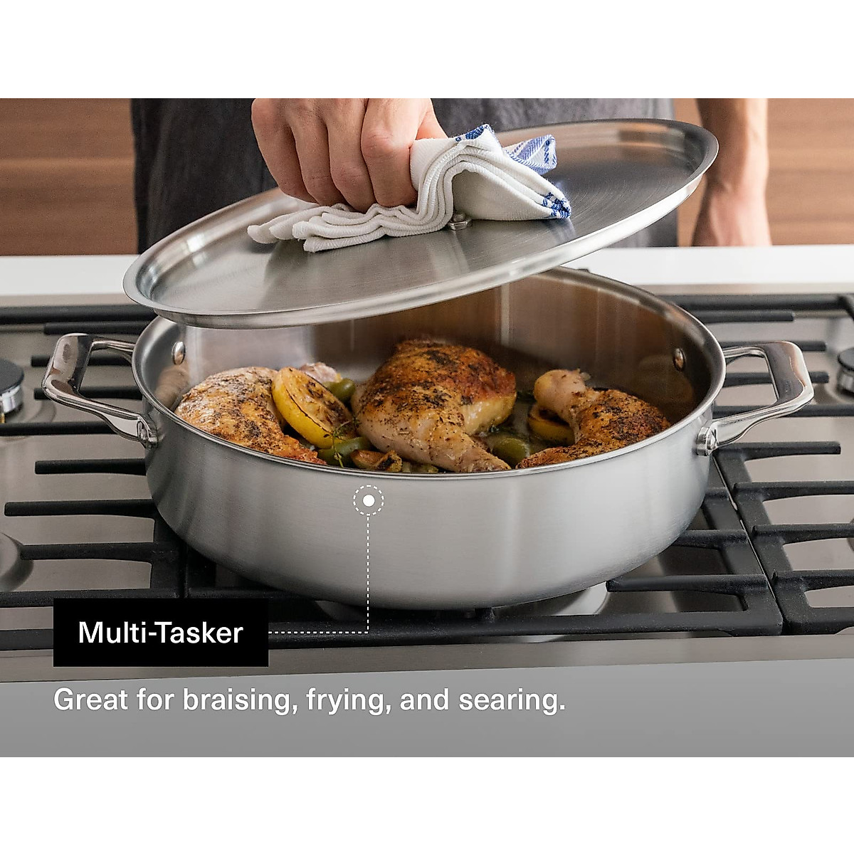 Misen 6 Quart Stainless Steel Rondeau Pot with Lid - 5-Ply Steel Braiser Pan with Handles