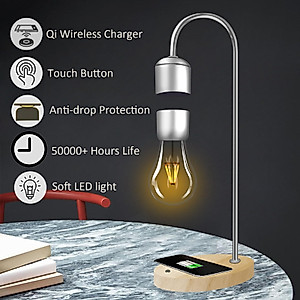 Levitating Light Bulb Floating Lamp Magnetic Levitation Anti-gravity LED Night Lights Cool Lamps for Bedrooms Decor Unique Desk Toys Office Gifts Home Decorations with Wireless Charger (Apple/Android)