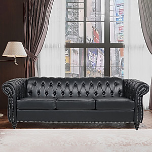 MIYZEAL Chesterfield Sofa, Tufted Leather Couch Upholstered Sofa with Low Back, Roll Arm Classic 3 Seater PU Leather Couch for Living Room Bedroom Office (Black)