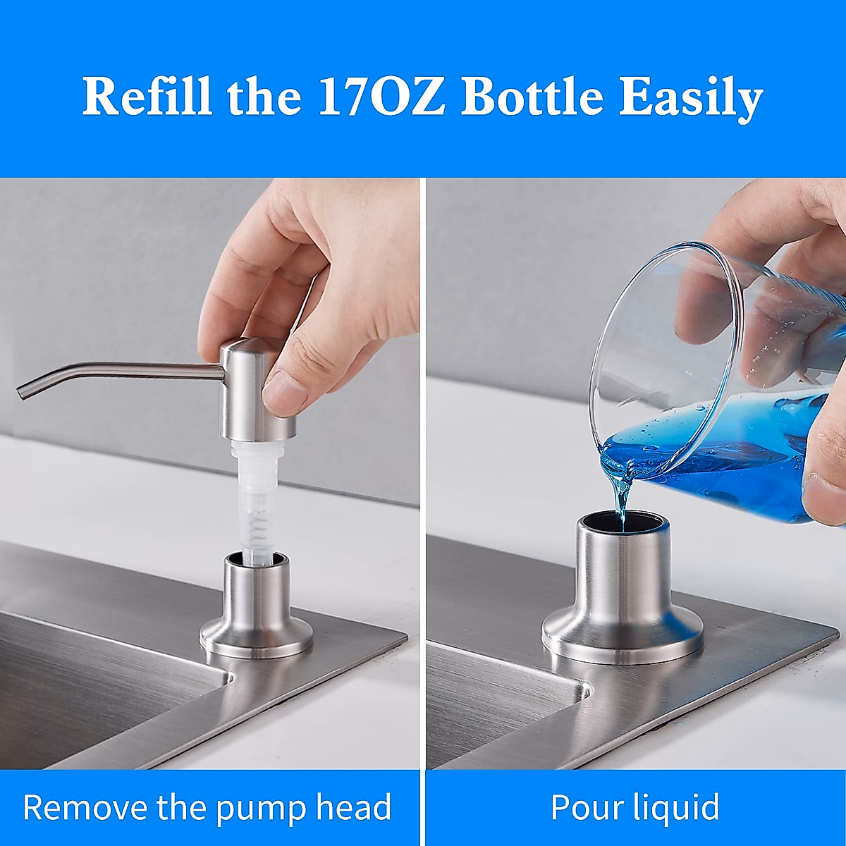 Built in Soap Dispenser for Kitchen Sink, Brushed Nickel Stainless Steel Countertop Pump Head (Plastic Built-in), Dish Soap Hand Lotion Dispenser with Refillable 17OZ Bottle