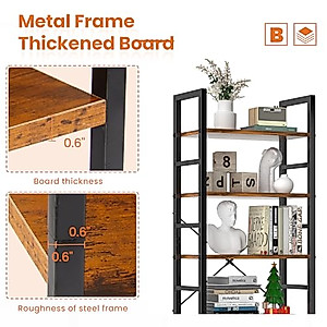 Sweetcrispy Book Shelf, 5 Tier Bookcase, Tall Bookshelf Modern Book Case for Books, Garage Kit, CDs, Movies, Industrial Corner Storage Organizer for Bedroom Home Office Kitchen Living Room Rust Brown