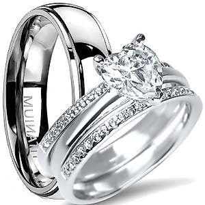 His Hers TRIO 3 PCS Sterling Silver Titanium Wedding Ring Set Heart CZ Simulated Diamond for Him Her