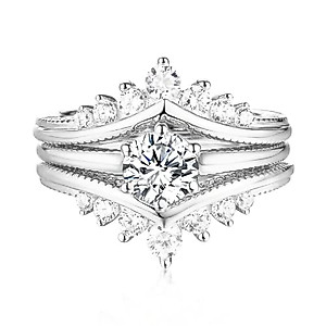 Engagement Ring for Women Bridal Sets 1Ct Round Moissanite Engagement Ring Set 3 Piece Set Wedding Ring Set Platinum Plated Silver Promise Rings Anniversary size10.5
