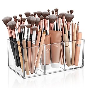 HIIMIEI Clear Makeup Brush Holder Organizer Acrylic 6-Slots Cosmetic Brushes Storage Organizer for Vanity Countertop