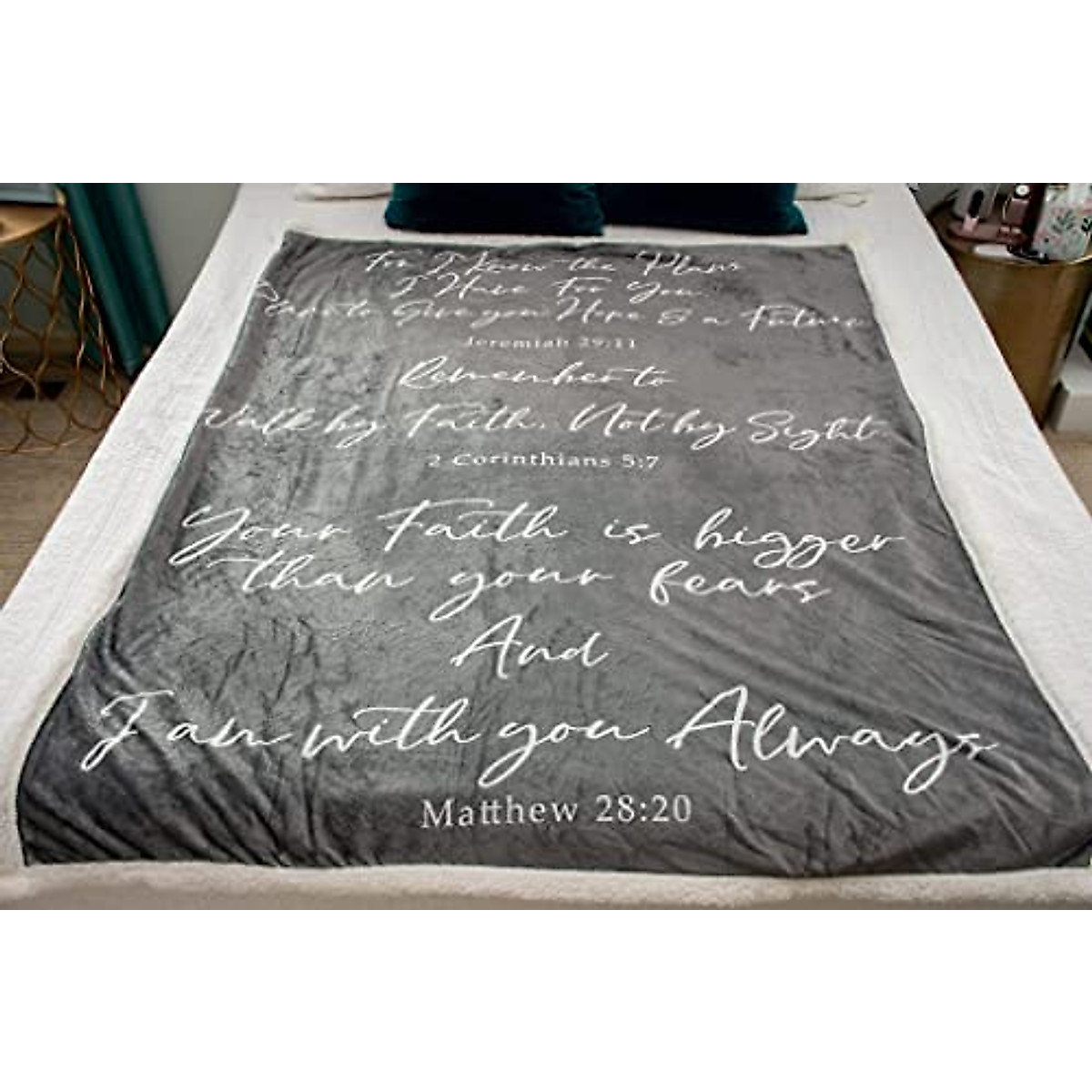 Double Creek Multi Scripture Throw Blanket Ultra Soft Sherpa Microfleece Inspirational Verses Jeremiah 29:11, Corinthians 5:7, Matthew 28:20, Comfort Blanket 50"x 60" Get Well Gift Men Women (Gray)