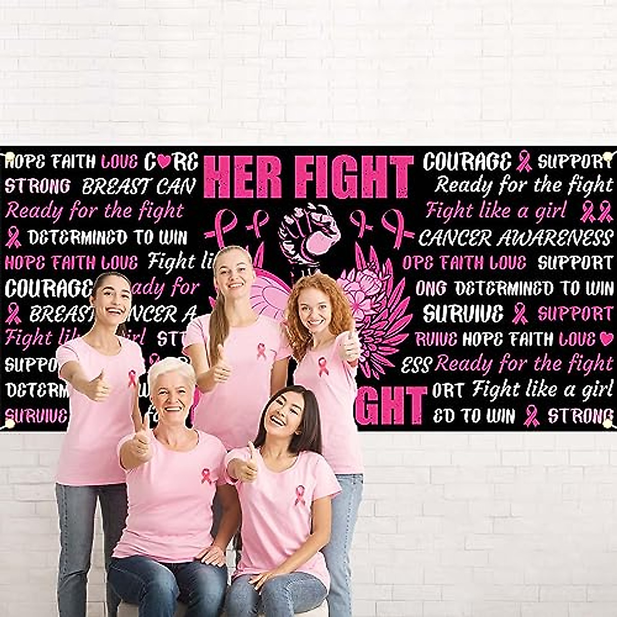 Avezano Breast Cancer Awareness Garage Door Banner 6x13Ft Her Fight is Our Fight October Breast Cancer Decoration Pink Ribbon Butterfly Powerful Fist Backdrop Outdoor Decor (157.48" L x 72.83" W)