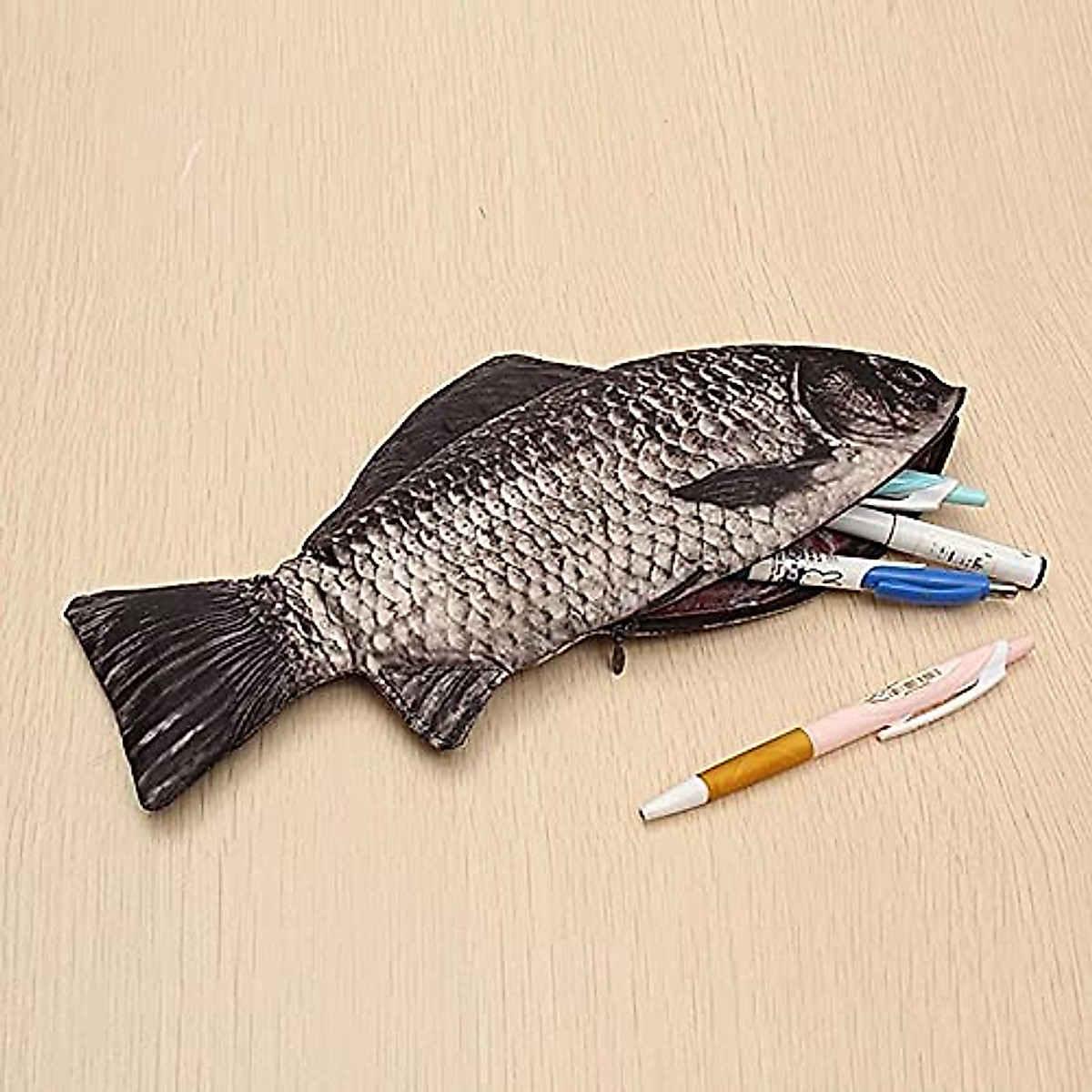 Funny Carp Pen Bag Realistic Fish Shape Make-up Pouch PU Leather Easy Clean Flexible Pen Pencil Case with Zipper