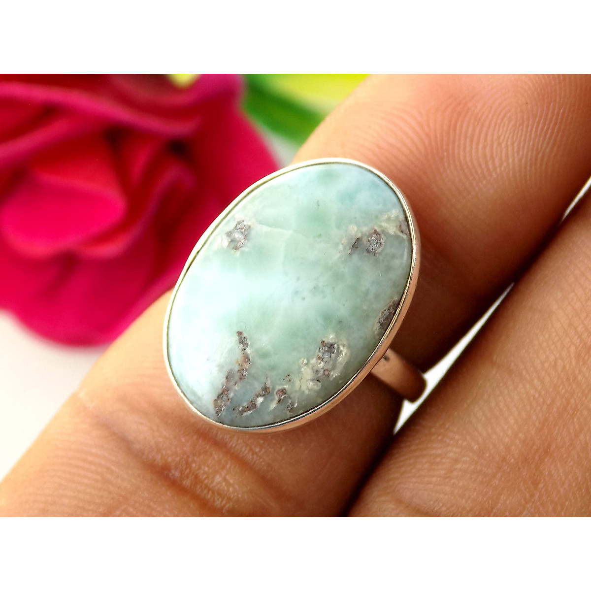 Natural Larimar Ring, Women's Ring, Statement Ring, Simple Bezel Gemstone Ring, (Size- 6.5 USA) Blue