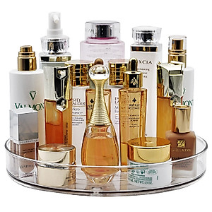 6 Pc Grey Apothecary Jars Bathroom Storage Organizer Bundle with 1 Pack 11 Inches Clear Lazy Susan Rotating Turntable Food Storage Container for Cabinets, Pantry, Fridge, Countertops,Vanity