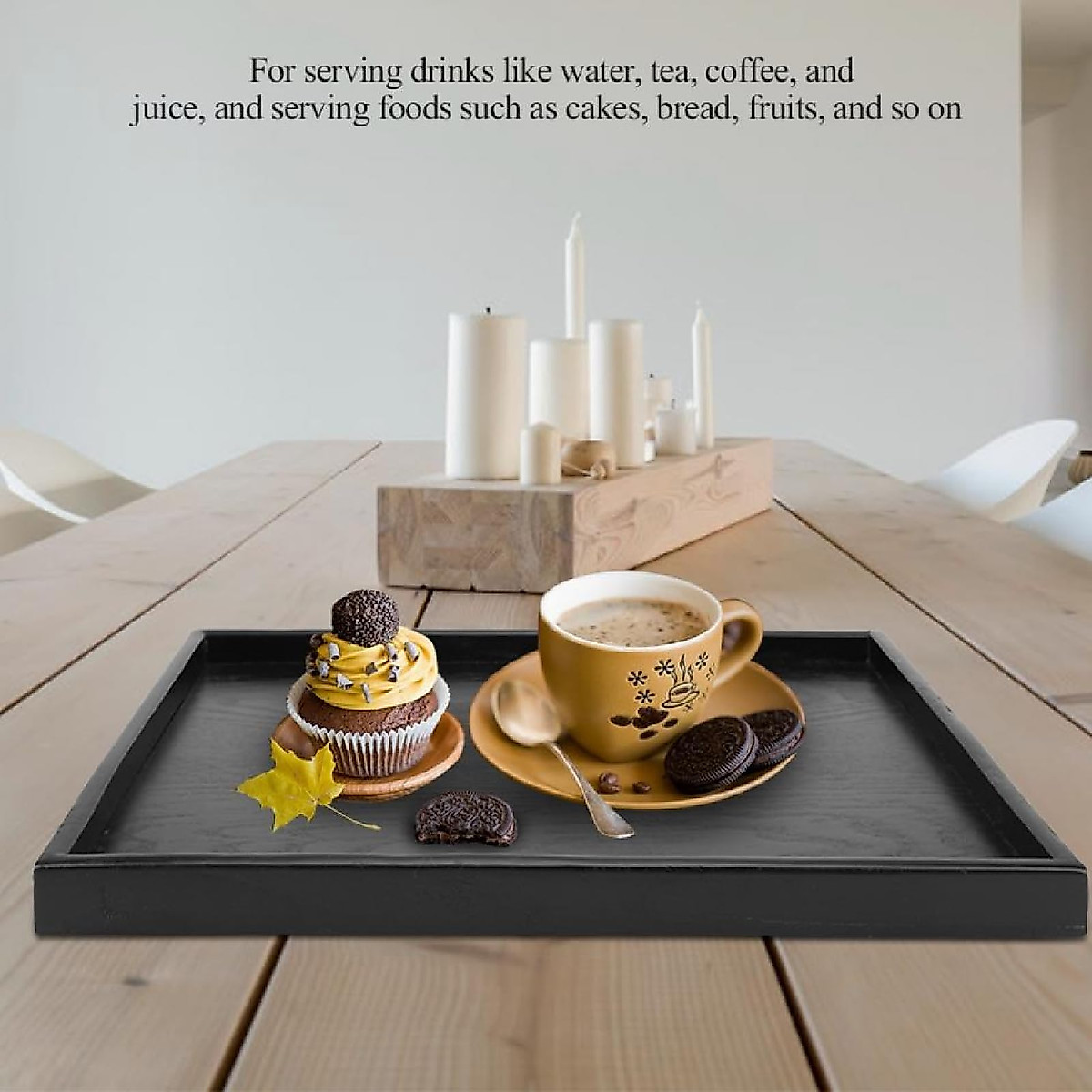 Wood Serving Tray, Reusable Dessert Platters Decorative Fast Food Trays Set for Kitchen Dining Room Party Breakfast in Bed Lunch Dinner Appetizers Patio Ottoman Coffee Table BBQ (Black)