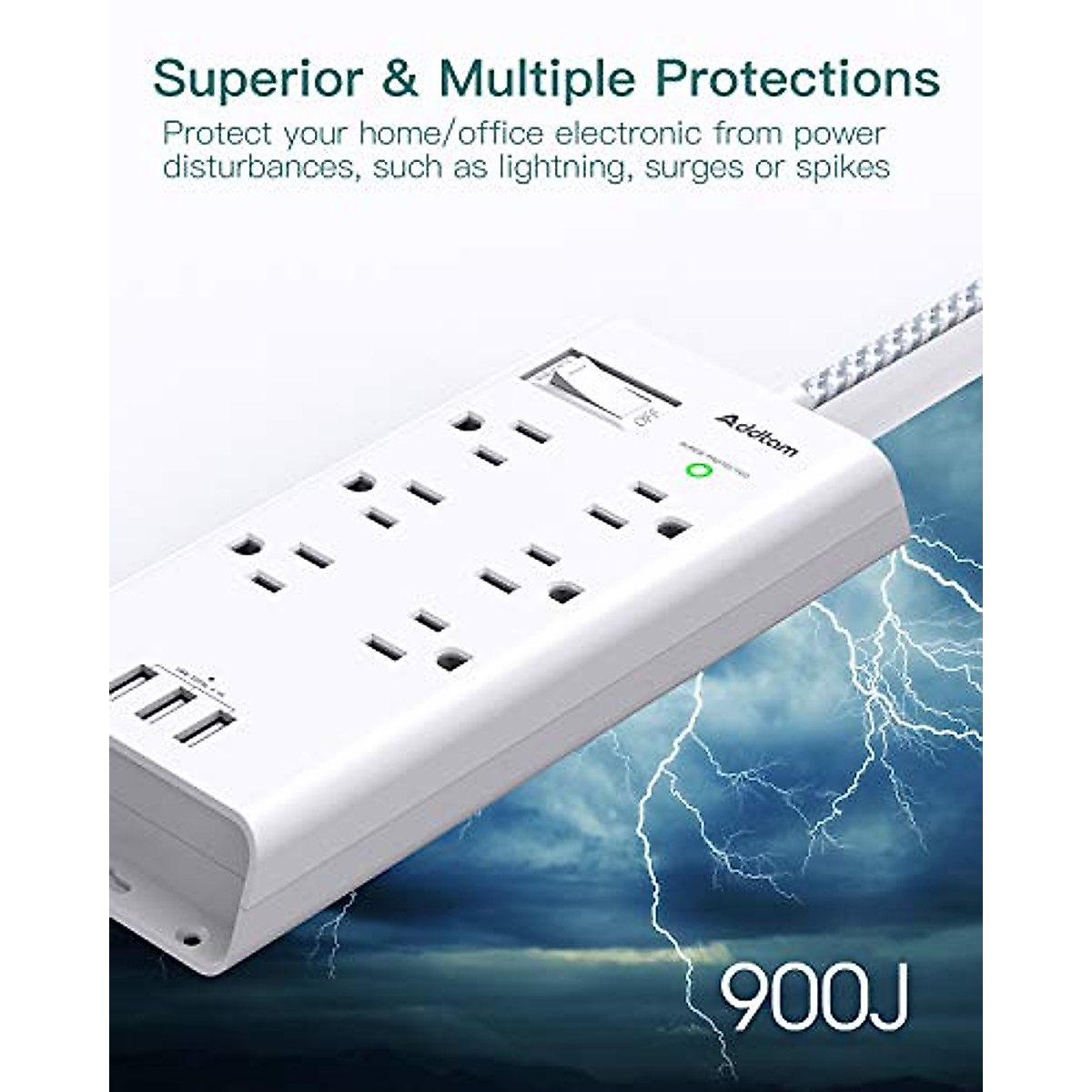 Addtam Power Strip Surge Protector 6 Outlets and 3 USB Ports 5Ft Long Extension Cord, Flat Plug Overload Surge Protection Outlet Strip, Wall Mount for Home, Office and Dorm