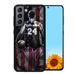 Personalized Basketball Player Name Number America Flag Design Rubber Cover Phone Case for Samsung Galaxy A15/A25/A14/A53 5G/A03S/A02S/A10E/A12/A13/A32/A33/A42/A51/A52/A71 Custom Basketball Phone Case