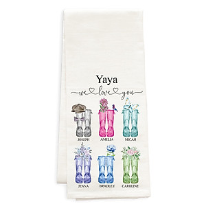The Pine Trove Custom Yaya Gifts from Grandkids, Personalized Yaya Tea Towel, Boots Design (Off-White, 100% Flour Sack Cotton, 28x30 inch)