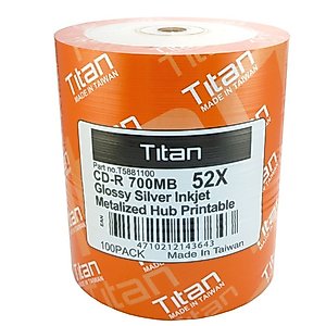 Titan CD-R 52X, Glossy Silver Inkjet Hub Printable, Metalized Hub printable (T5881100) in 100 Pack Shrink Wrap